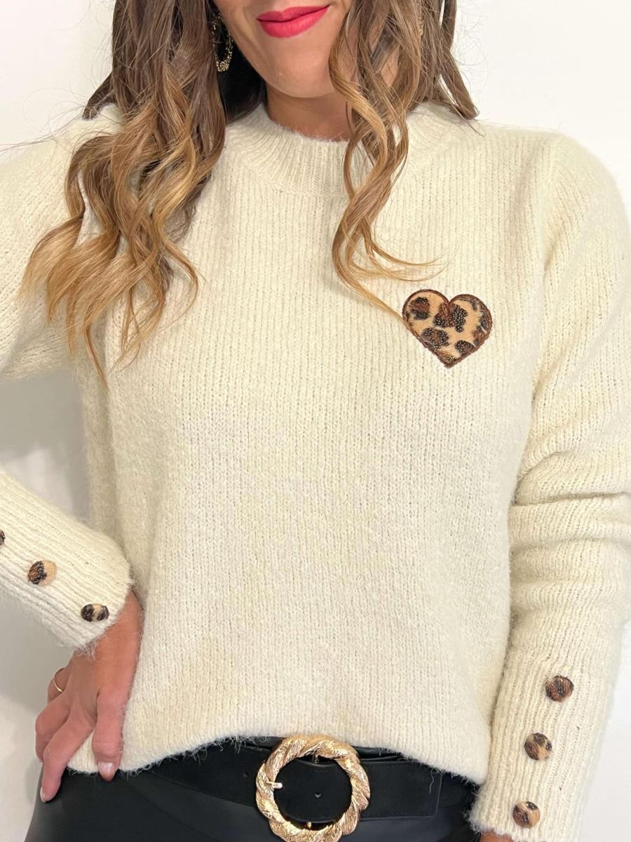 Pull écru coeur léopard