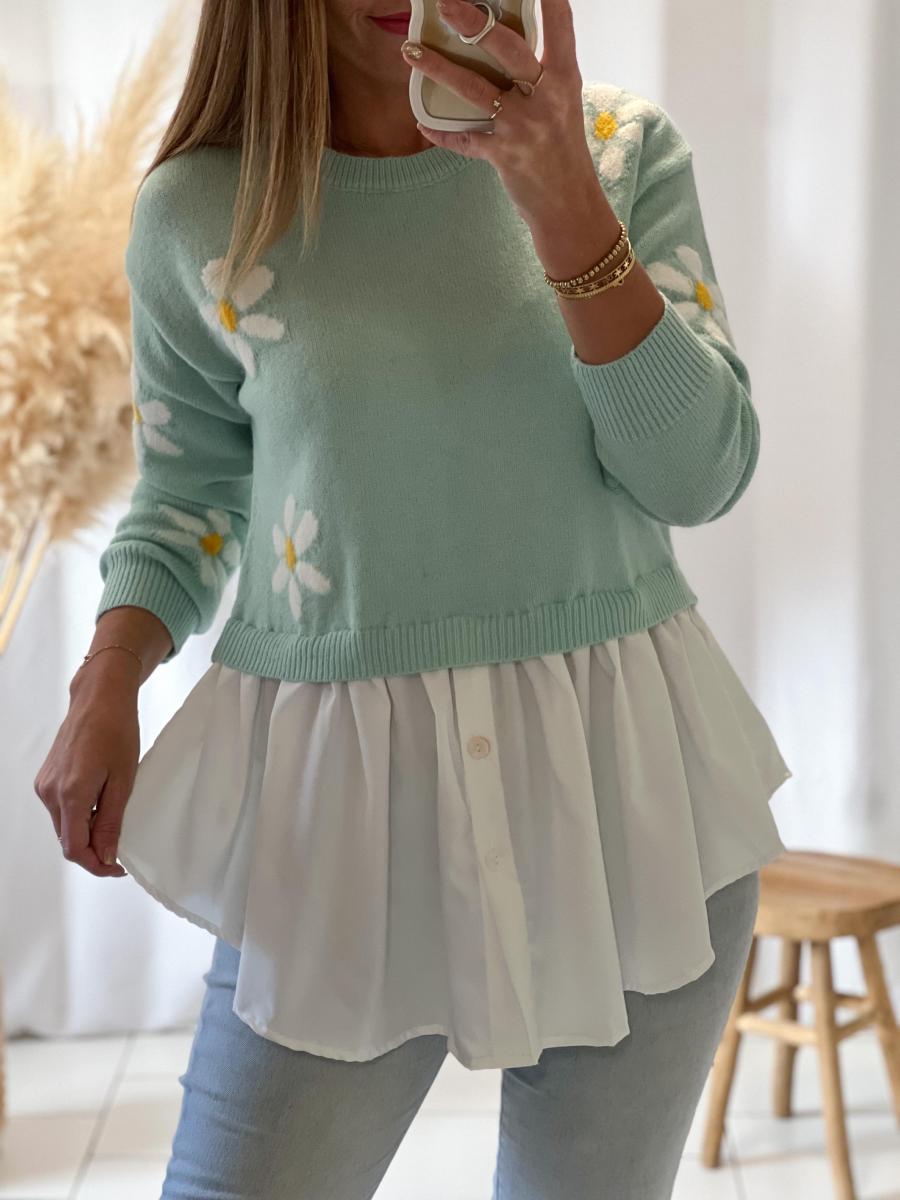 Pull marguerite vert d'eau